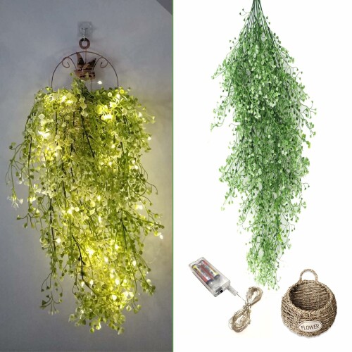 フェイクグリーン 吊り下げ 人工観葉植物 壁掛け LED アイビー イルミネーションライト付き 枯れない 金梅 120cm おしゃれ 壁の装飾 インテリア 造花 ぶら下げバスケット付き ベランダ デコレーション 引越し祝い 新生活向けプレゼ...
