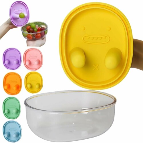 散らからない指スリット付きスナックボウル｜手を汚さず食べられるスナック容器｜シリコン蓋＋透明ABSボウル｜食洗機対応｜ポテトチップス・フルーツ・ナッツ用 (イエロー) 【手を汚さない・散らからないスナック体験】 柔らかいシリコン製の指スリッ...