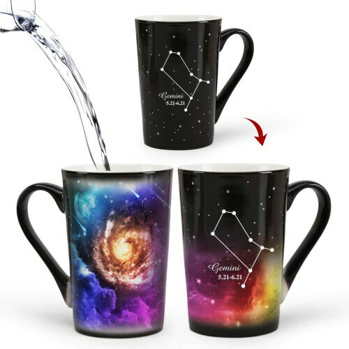 MUGKISS双子星座熱交換カップ12オンス、彫刻星座双子コーヒーカップ、陶磁器変色カップ、彼と彼女への祝日の誕生日プレゼント、5月6月の魔法のプレゼント スーパーマテリアル:高級厚セラミック材料で作られている。造形がスタイリッシュで、技術...