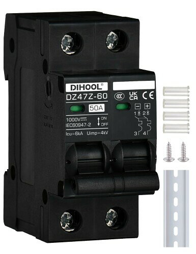 DIHOOL 直流回路遮断器 2 極 DC 12-1000V 50A ミニチュアサーキットブレーカー, 太陽光パネルコントローラー用,太陽光発電システムの太陽光パネル用 直流12-500ボルト保護-及び+極又は交流 90~500ボルト保護L...