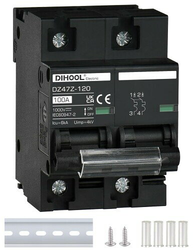 DIHOOL 直流回路遮断器 2 極 DC 12-1000V 100A ミニチュアサーキットブレーカー, 太陽光パネルコントローラー用,太陽光発電システムの太陽光パネル用 直流12-500ボルト保護-及び+極又は交流 90~500ボルト保護...
