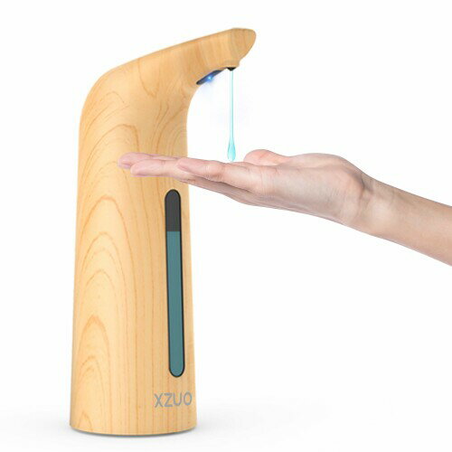 XZUO スマート非接触式ソープディスペンサー（4 段階吐出量調整対応）−400ml 電池式液状ハンドサニタイザーディスペンサー キッチンシンク・バスルームカウンター向け−赤外線センサー搭載・プラスチック製・防水仕様 (400ML 薄い木目...