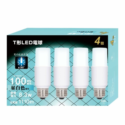 LED電球 T形タイプ 口金直径26mm t型 8.3W 100W形相当 昼白色相当 1110 lm 高演色 Ra86 広配光タイプ 一般電球 T形タイプ 電球形蛍光灯 断熱材施工器具対応 調光器非対応 風呂場 キッチン 4個セ ット (昼...