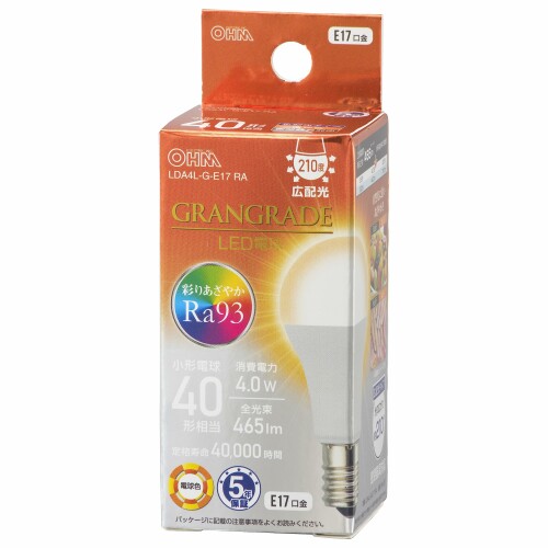 オーム電機 LED電球小形 E17 40形相当/40W相当 電球色 Ra93高演色 密閉器具対応 断熱材施工器具対応 ミニクリプトン形 5年保証 LDA4L-G-E17 RA 06-5557 OHM 【 特 長 】　彩りあざやかRa93「G...