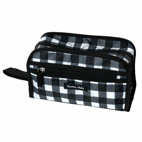 Hanna Hula(ハンナフラ) スクエアポーチ/ギンガムブラック 横24×縦14.5×奥行き10cm 横から大きく開いて中身が見えやすい 前面にファスナーポケット付き おむつポーチとして、身の回りの小物入れとして、コスメポーチとして、ト...