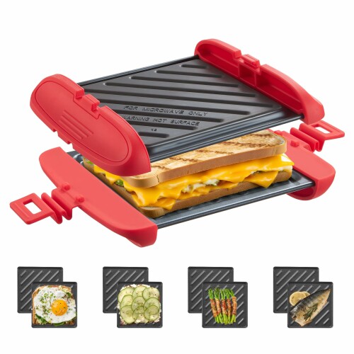 Mico Dingker 電子レンジ用ホットサンドメーカー／スナックメーカー＆パニーニプレス 取り外し可能ノンスティックプレート シリコーン製フレーム 電子レンジ対応（金属コア・専用設計） 食洗機対応 レッド 【Mico Dingker サ...