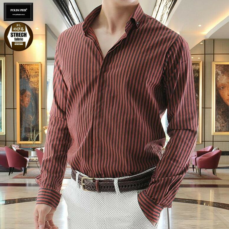 【POLIM-PIER】ポリンピア 茶色に黒のストライプ、ボタンダウン長袖シャツです。 ストレッチがきいています。 襟とカフスは芯地が入ってパリッと。 ウェストシェイプの入ったスリムフィット、細身です。 【ヨーロッパサイズ】 【実寸】画像ご...