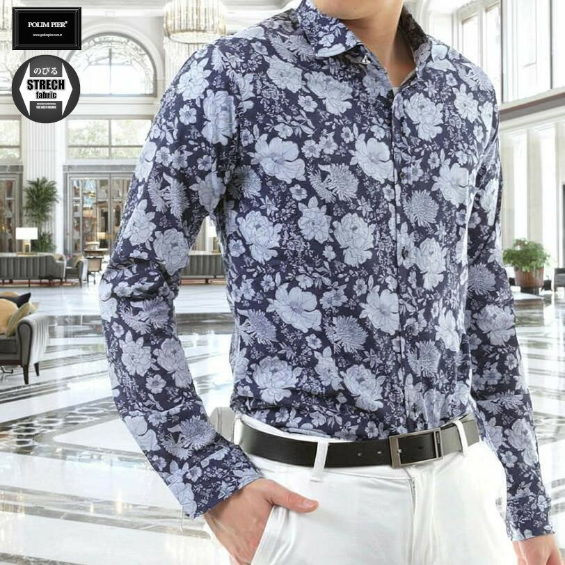 【POLIM-PIER】 手書きチックなオリエンタルフラワー柄。襟とカフスは芯地が入ってパリッとしています 【ヨーロッパサイズ】 【実寸】 S： 肩幅42　バスト96 着丈75　袖丈64 M： 肩幅44　バスト100 着丈78　袖丈65 L...