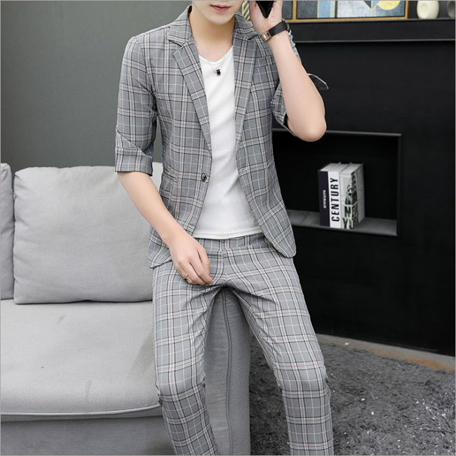 テーラードジャケット チェック柄 メンズ 2ピーススーツ メンズ カジュアルスーツ 半袖 ジャケット 2点セット アウター スリム スーツ 送料無料 テーラードジャケット チェック柄 メンズ 2ピーススーツ メンズ カジュアルスーツ 半袖 ...