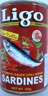 ChatGPT Ligo Sardines Red with Chili（リゴ イワシ缶詰、トマトソースと唐辛子入り）は、一般的に缶詰のイワシをトマトソースと唐辛子で味付けしたものです。 内容量: 一般的には155グラム 材料: イワシ、ト...