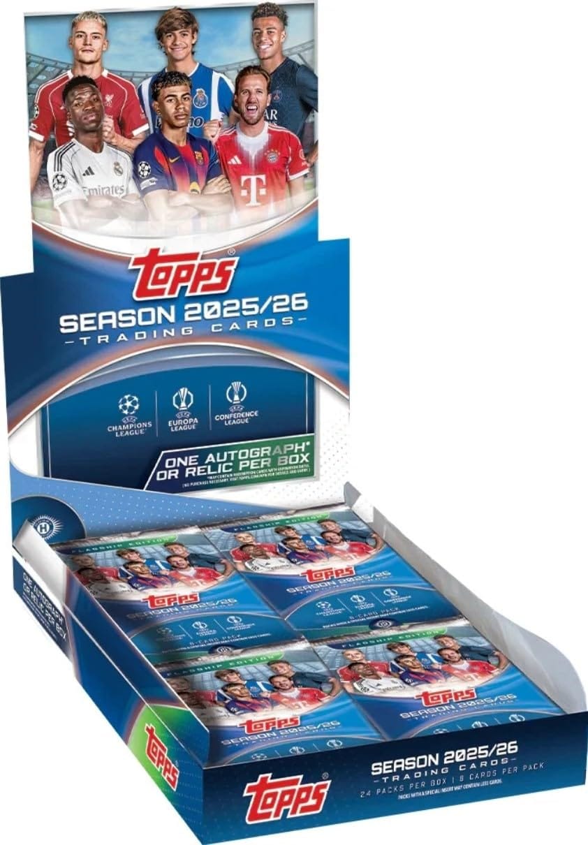24 packs per box 8 cards per pack Topps UEFA Club Competitions が 2025/26 シーズン に向けて再登場し、世界最高峰のサッカー大会をフィーチャーしたホビープロダクトの新たな...