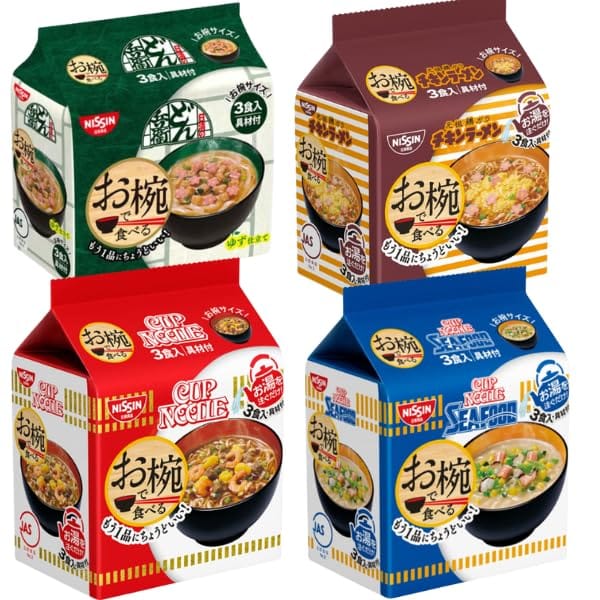 お椀にお湯を注ぐだけ! おなじみの「カップヌードル」の味わいがそのまま楽しめます。献立のもう1品に便利な少量サイズの3食パックです。