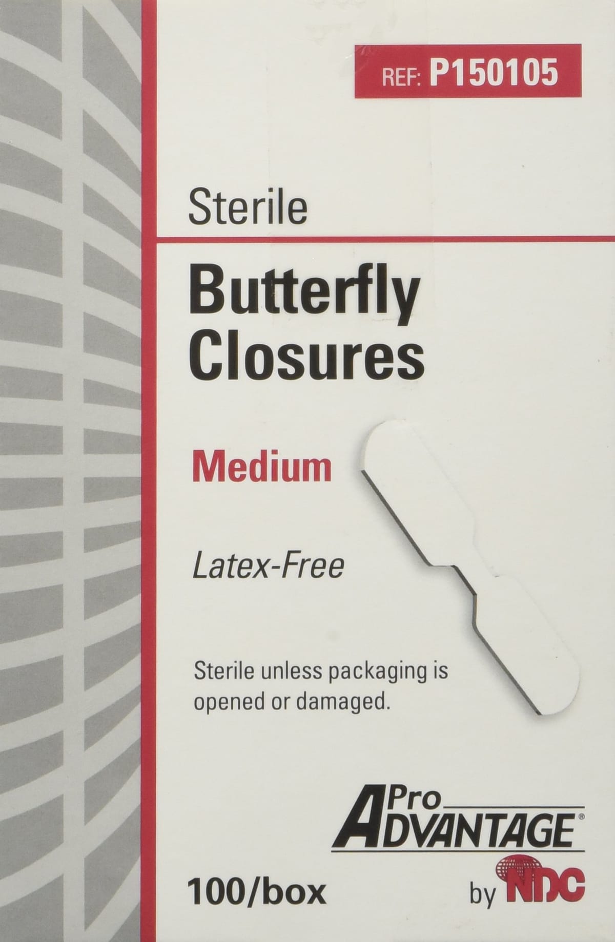 Each box contains 100 sterile medium butterfly closures, 1 3/4" x 3/8", Sterile and individually wrapped, Latex-free, Re...
