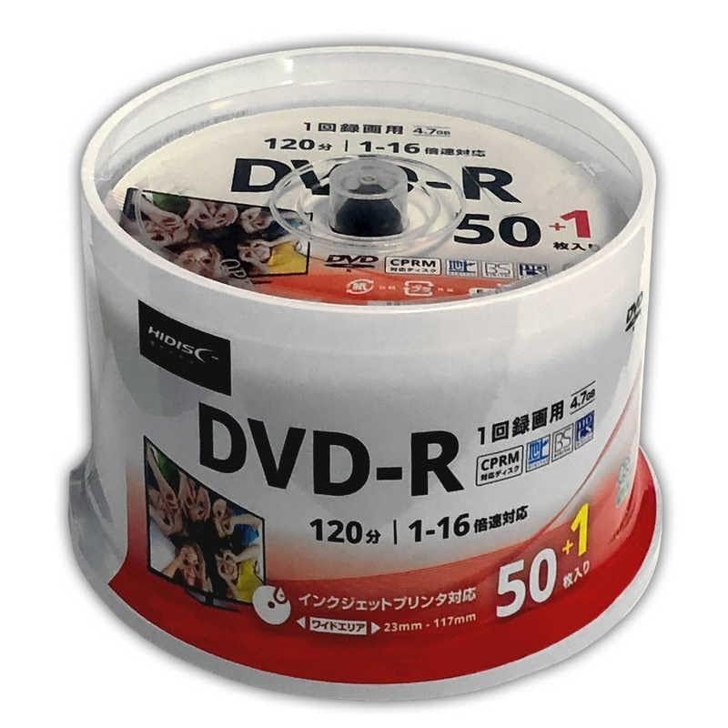 ※事業者向け商品です※磁気研究所HDDR12JCP51 特徴録画用DVD-R 16倍速 51枚入り仕様入数：50枚記録容量：4.7GB記録回数：1回録画用記録時間：120分（SD画質：SPモード）対応倍速：1～16倍速ケースタイプ：スピンドル