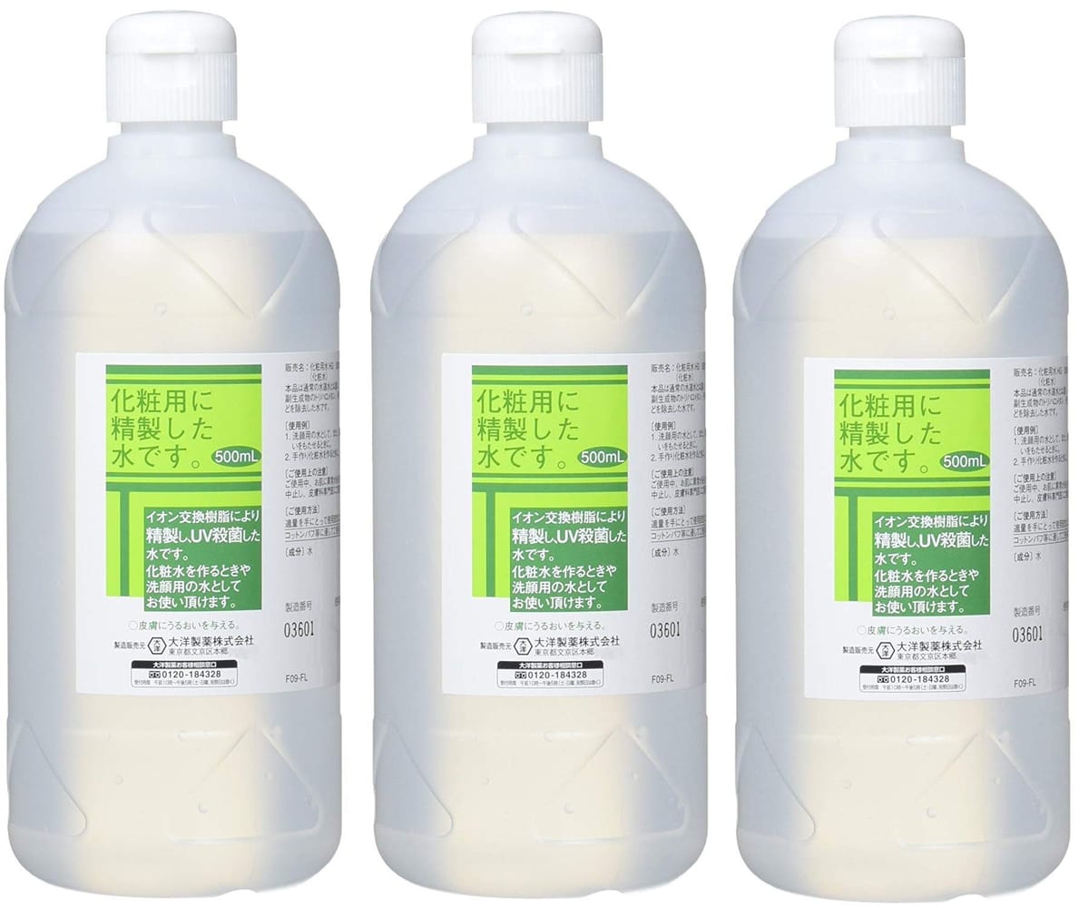 内容量：500mL【3個セット】 ●イオン交換樹脂により精製し、UV殺菌した水です。 ●化粧水を作るときや洗顔用の水としてお使い頂けます。