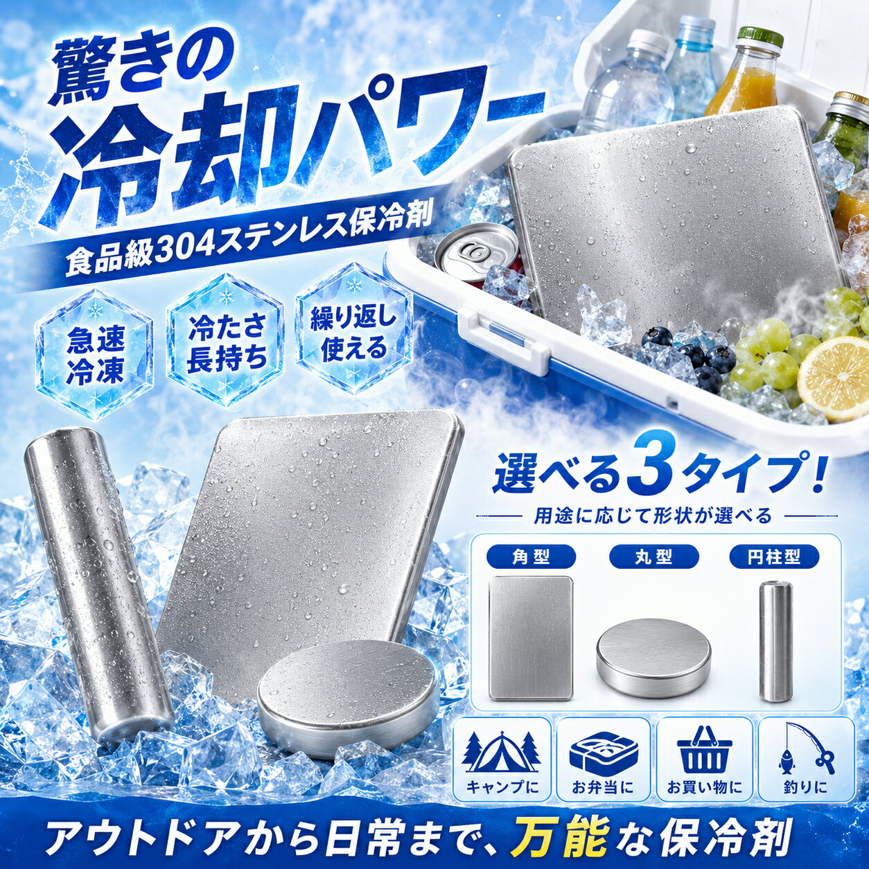 OUTDOOR SERIES 次世代のステンレス保冷剤 冷却力がなんと12倍！ 速攻冷却×極冷持続 ステンレス保冷剤が選ばれる3つの理由 POINT 01 圧倒的な冷却力＆驚きの時短冷凍 従来のプラスチック製保冷剤は凍結に12時間以上必要で...
