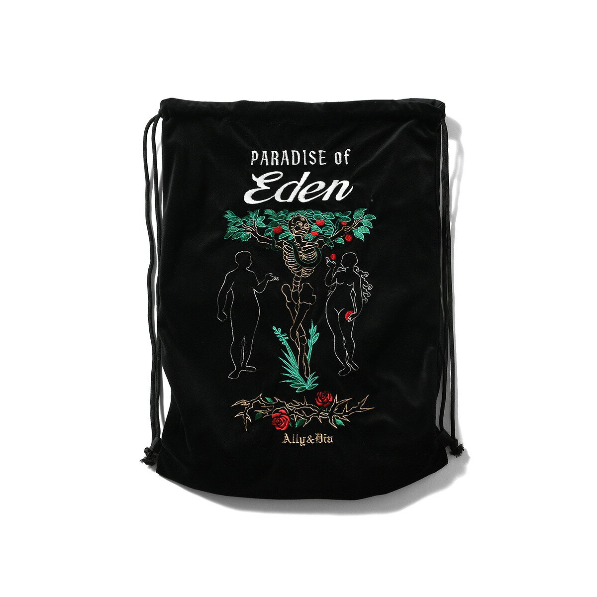 ALLY&DIAの2025 WINTER COLLECTION のナップサック。 ベロア生地を採用した豪華な仕様。 アダムとイヴの物語のエピソードの1つ「エデンの園」を表現したデザインがラグジュアリーでインパクト抜群な刺繍で表現されている。...