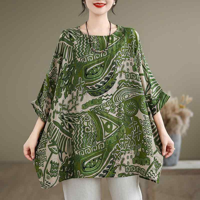 ・カテゴリ: Tシャツ・スタイル: 文芸レトロ・主な素材: 綿50-70%、ビスコース30-50%・ネックライン: クルーネック・袖丈: 七分袖・柄: 植物・花柄、抽象柄・カラー展開: グリーン、カーキ・サイズ展開: 大きいサイズ対応フリー...