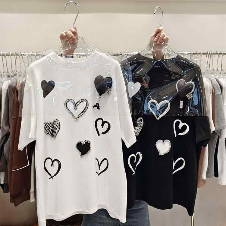・カテゴリ: Tシャツ・スタイル: 通勤・主な素材: ポリエステル95%以上・柄: ハート・ネックライン: クルーネック・袖丈: 半袖・袖型: スタンダード・丈: 中長丈(65-80cm)・フィット: ルーズ・カラー展開: ブラック、ホワイ...