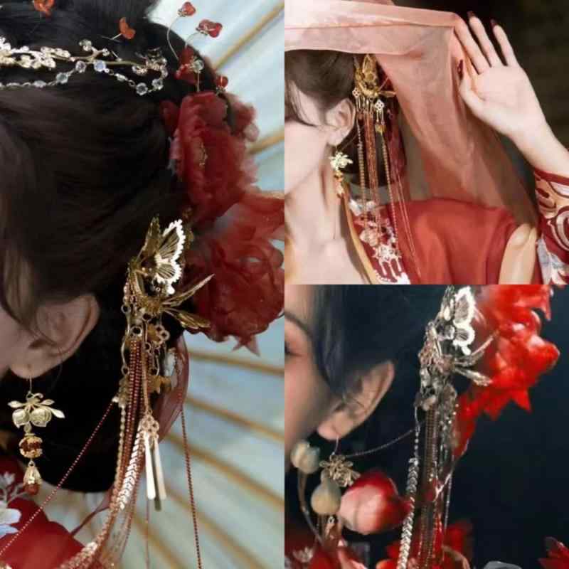 ・カテゴリ: ヘアアクセサリー・スタイル: 復古・性別: 女性・素材: 合金・デザイン: 蝶、タッセル・カラー展開: 国風大典発簪、国風大典額飾