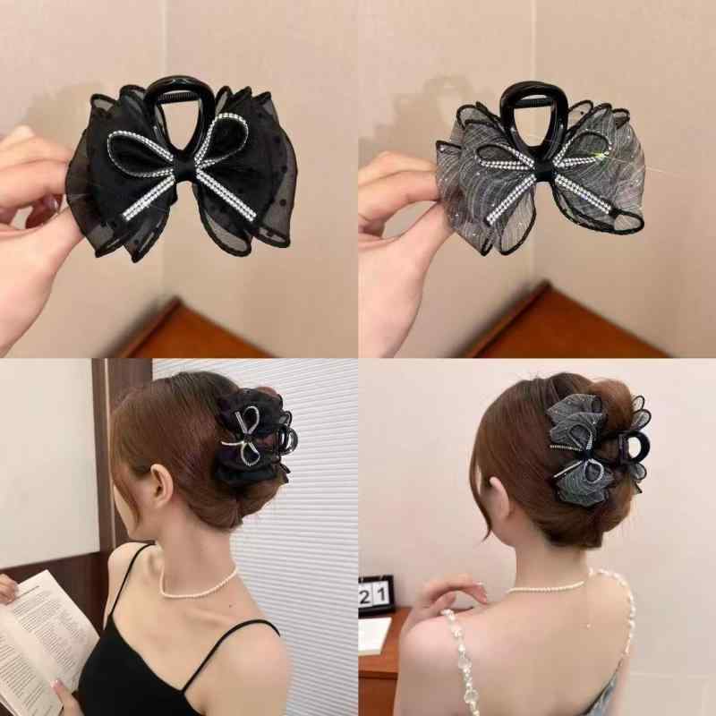 ・カテゴリ: ヘアアクセサリー・スタイル: 韓国風・スタイル分類: 清新スイート・主な素材: 網紗・タイプ: クリップ・装飾: 蝶結び・カラー展開: ブラック、シャンパン、グレー・対象: 女性