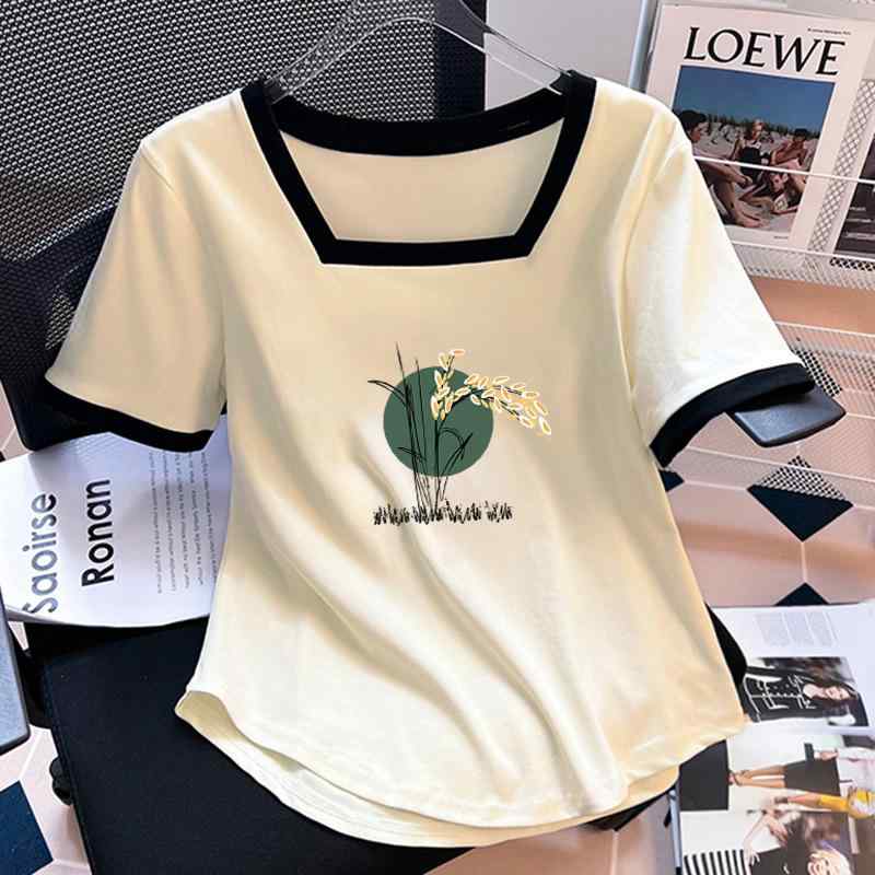 ・カテゴリ: Tシャツ・主な素材: 綿（95%以上）・柄: 幾何学模様・袖丈: 半袖・工芸: プリント・シルエット: ルーズフィット・着丈: ショート丈（40cm超、50cm以下）・襟型: スクエアネック・トレンド要素: バイカラー・カラー...