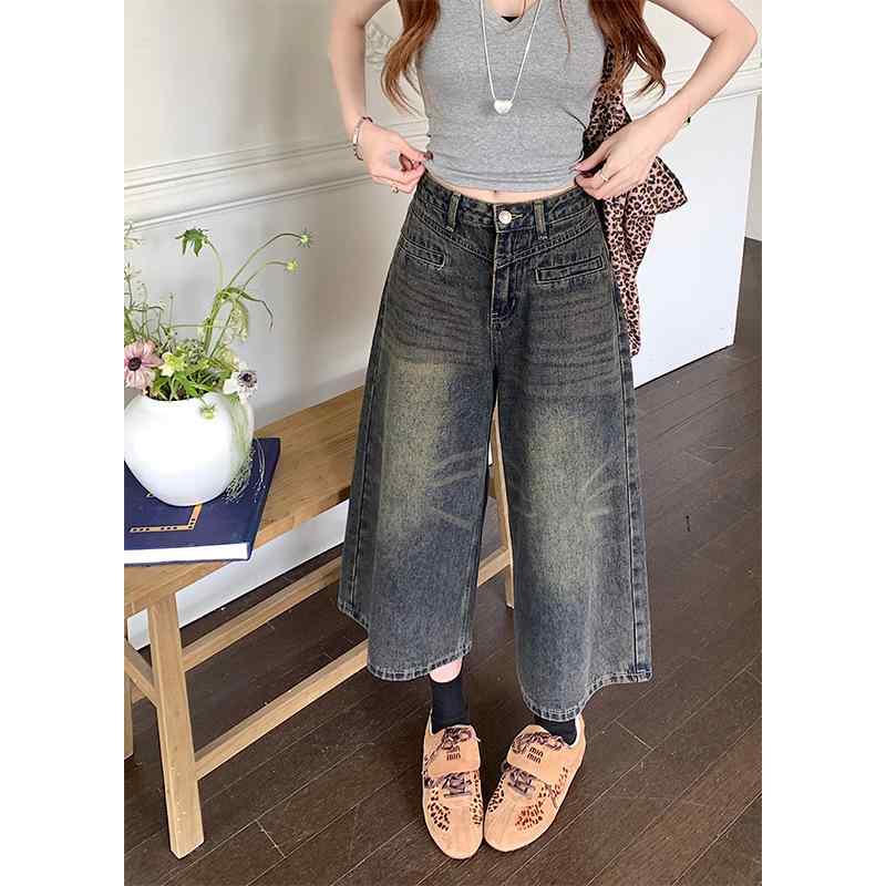 ・カテゴリ: デニムパンツ・素材: デニム、綿（50%以上70%未満）・スタイル: きれいめ通勤、都市風・シルエット: ワイドパンツ、カプリパンツ・股上: ハイウエスト・生地の厚さ: 普通・デザイン: ダメージ加工・カラー展開: ヴィンテー...
