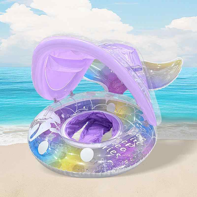 ・カテゴリ: 游泳圈・対象: 子ども・素材: 樹脂（環境配慮型PVC）・素材の厚み: 0.2mm・柄: 人魚・用途: 水泳、水遊び・種類: スパンコールレインボー人魚の尻尾付き足入れ浮き輪、日よけシェード付きスパンコールレインボー人魚の尻尾...