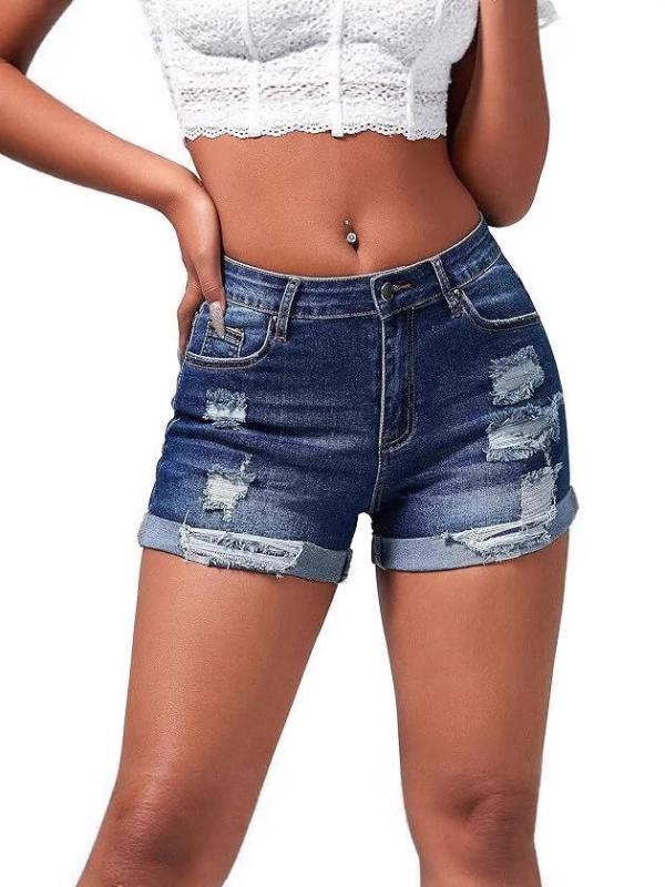 ・カテゴリ: デニムパンツ・スタイル: ストリート・主な素材: デニム（綿50-70%、ポリウレタン30%以下）・パンツ丈: ショート丈・ウエスト: ハイウエスト・厚み: 中厚・デザイン: 破れ・カラー展開: ブルー・サイズ展開: S、M、...