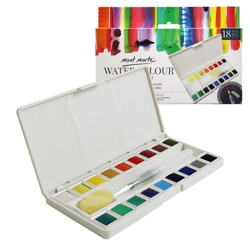 Mont Marte 絵の具 透明 水彩セット 18色 ハーフパン Half Pan水彩絵の具 18カラーケース(パレット） に固形絵具(ハーフパン）がレイアウト付属品・ウォーターブラシ×1本、スポンジ×1、セラミック皿×13か所の混色スペ...