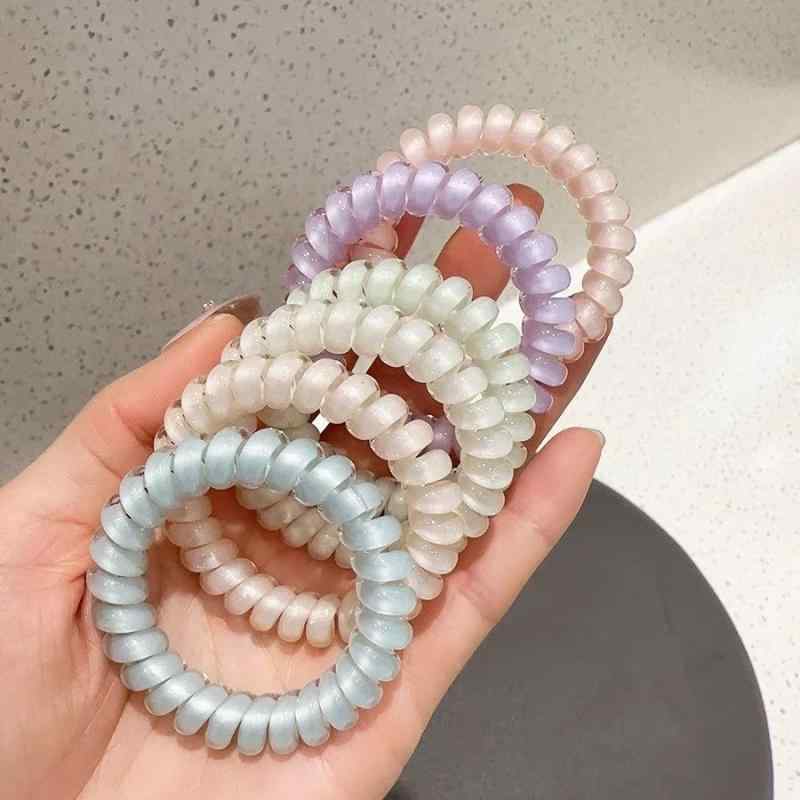 ・カテゴリ: 電話線ヘアゴム・素材: プラスチック・カラー展開: ライトブルー、ライトピンク、ライトグリーン、ライトイエロー、パールホワイト、パープル・スタイル: 清新甘美・形状: 円形・タイプ: 高弾力