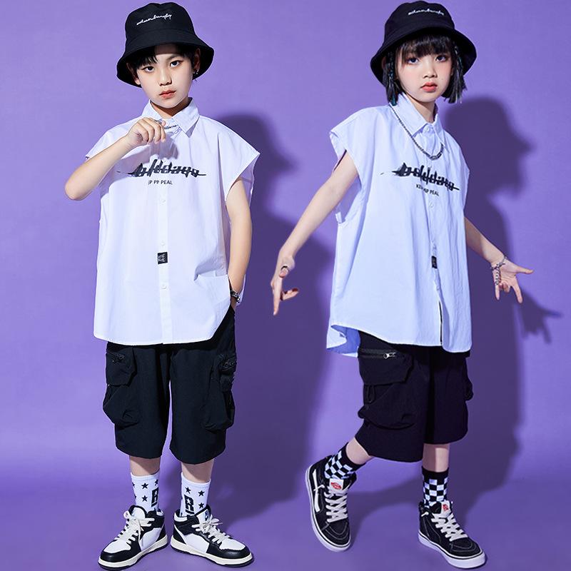 ・カテゴリ: 子供用ダンス衣装、ダンスウェア・スタイル: ヒップホップ・主な素材: 綿 65%・安全基準: B類・カラー展開: ホワイトノースリーブシャツとブラックポケットショートパンツ、ホワイトノースリーブシャツとブラックポケットショート...
