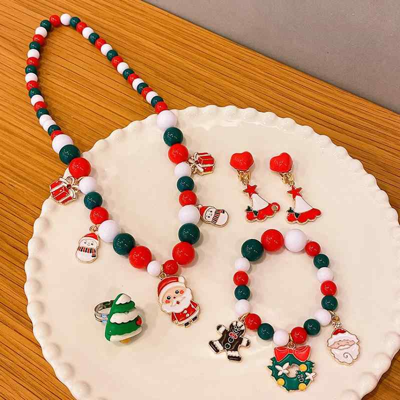 ・カテゴリ: セット・スタイル: クリスマス風、個性風潮・対象: 子ども・セット内容: イヤリング、ネックレス、ブレスレット・チェーンの種類: 丸珠チェーン・チャームの素材: 樹脂・デザイン: サンタクロース、トナカイ・流行要素: 雪の結晶...