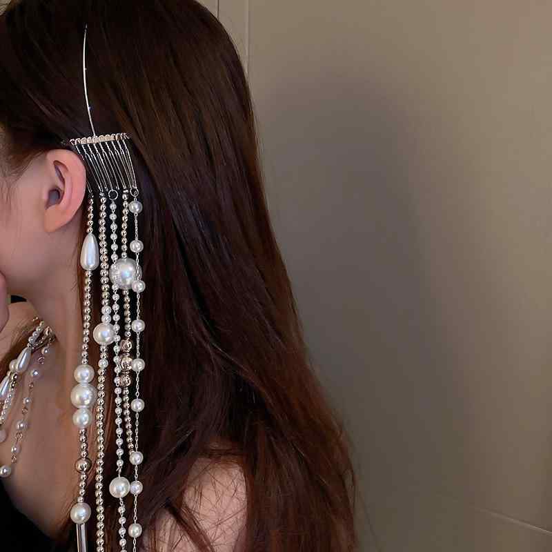 ・カテゴリ: ヘッドドレス・主な素材: 合金・加工技術: パールインレイ・カラー展開: シルバー・デザイン特徴: フリンジ・スタイル: ファッション・通勤、ラグジュアリー・対象: レディース