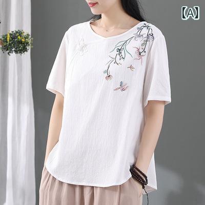 ・カテゴリ: Tシャツ・スタイル: 文艺レトロ、文艺風・主な素材: 綿麻（綿50%〜70%、麻30%以下）・柄: 植物・花柄、刺繍・ネックライン: クルーネック・袖丈: 半袖・シルエット: ルーズ・着丈: 通常丈（50cm〜65cm）・カラ...