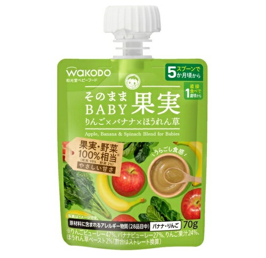 アサヒ 和光堂 そのままBABY果実 りんご×バナナ×ほうれん草 商品説明 『アサヒ 和光堂 そのままBABY果実 りんご×バナナ×ほうれん草』 くだものを裏ごししたような食感。 そのままはもちろん、ヨーグルトにかけたり、パンに塗ったり使い...