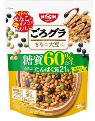 ごろグラ 糖質60％オフ きなこ大豆 商品説明 『ごろグラ 糖質60％オフ きなこ大豆』 ◆このおいしさで、圧倒的糖質オフ！ ◆贅沢なごろっと大豆が入った、黒蜜仕立ての糖質60％※オフグラノーラ ※「ごろグラきなこ大豆」と同重量で比較 ごろ...