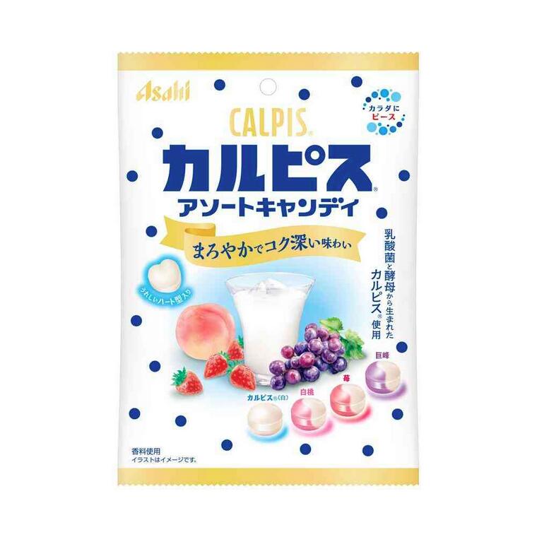 アサヒ食品 カルピス アソート キャンディ 105g 商品説明 『アサヒ食品 カルピス アソート キャンディ 105g 』 慣れ親しんだ「あのカルピス（R）の味」が楽しめるキャンディ。 定番のカルピス（R）（白）と、白桃、苺、巨峰の4種アソ...