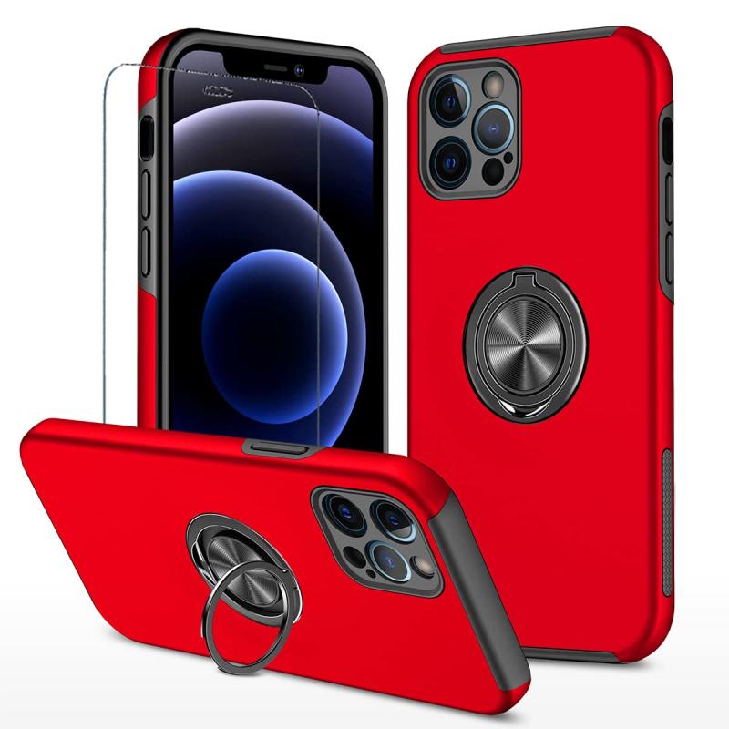 JSCOMYAP iPhone 12 ケース用 アイホン12 スマホケース + iPhone12 强化 ガラス フィルム リング付き スタンド機能 携帯ケース 耐衝撃 衝撃 スマホカバー Case Cover いphone12 アイフォン1...
