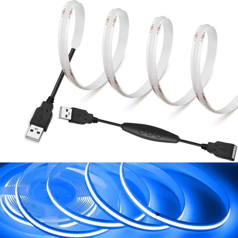 【Rye】 LEDストリップライトDC5V COBテープライトスーツフレキシブル 高密度 LEDテープライト 3m 320LEDs/m ブルー 180°発光CRI>=90，電源コードスイッチ、5段調光、45cmケーブル,両面テープ変形...