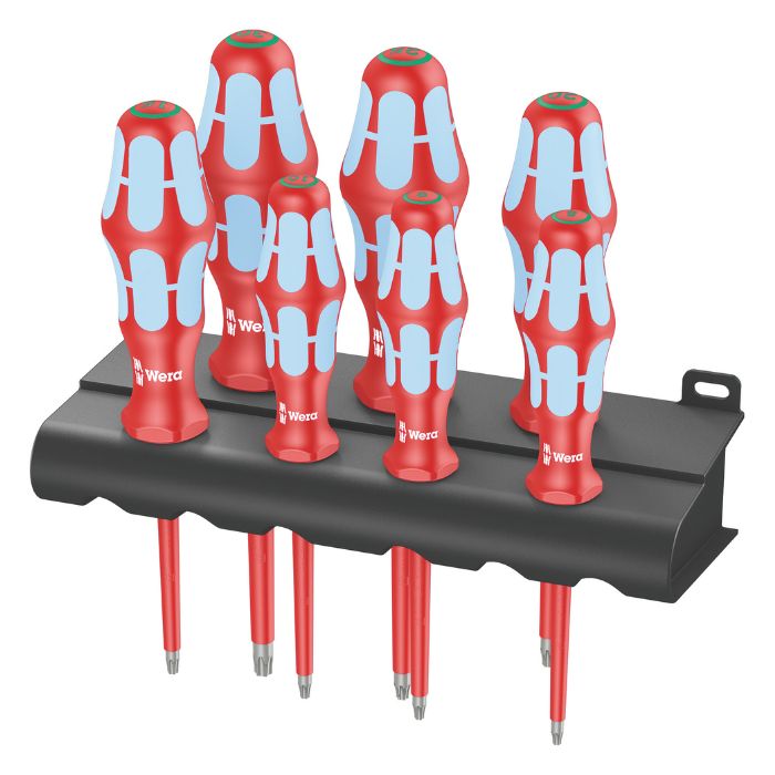 Wera 3167 i/7 Stainless VDE Rack TORX Screwdriver Set 7 pieces VDE 絶縁ステンレス トルクスドライバーセット 7本組（05022767001） ラック付き 赤いボディに水色の...