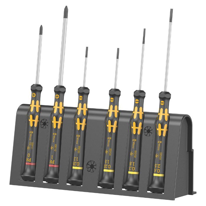 Wera 1578 A/6 ESD Screwdriver Set 6 pieces ESD（静電防止） 精密ドライバーセット 6本組（05030170001） ラック付き ＜製品　セット内容（6点）＞ ・精密プラスドライバー×2本 　 1...