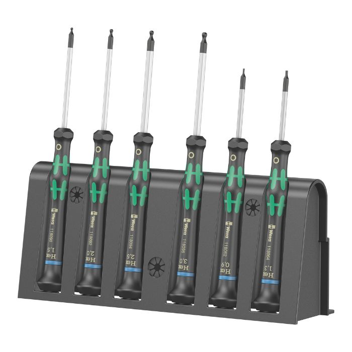 Wera 2052/6 Screwdriver set 6 pieces 精密ボールエンド六角ドライバーセット 6本組 ラック付き（05118156001） ＜製品　セット内容（6点）＞ ・精密ボールエンド六角ドライバー×4本 　 2052...