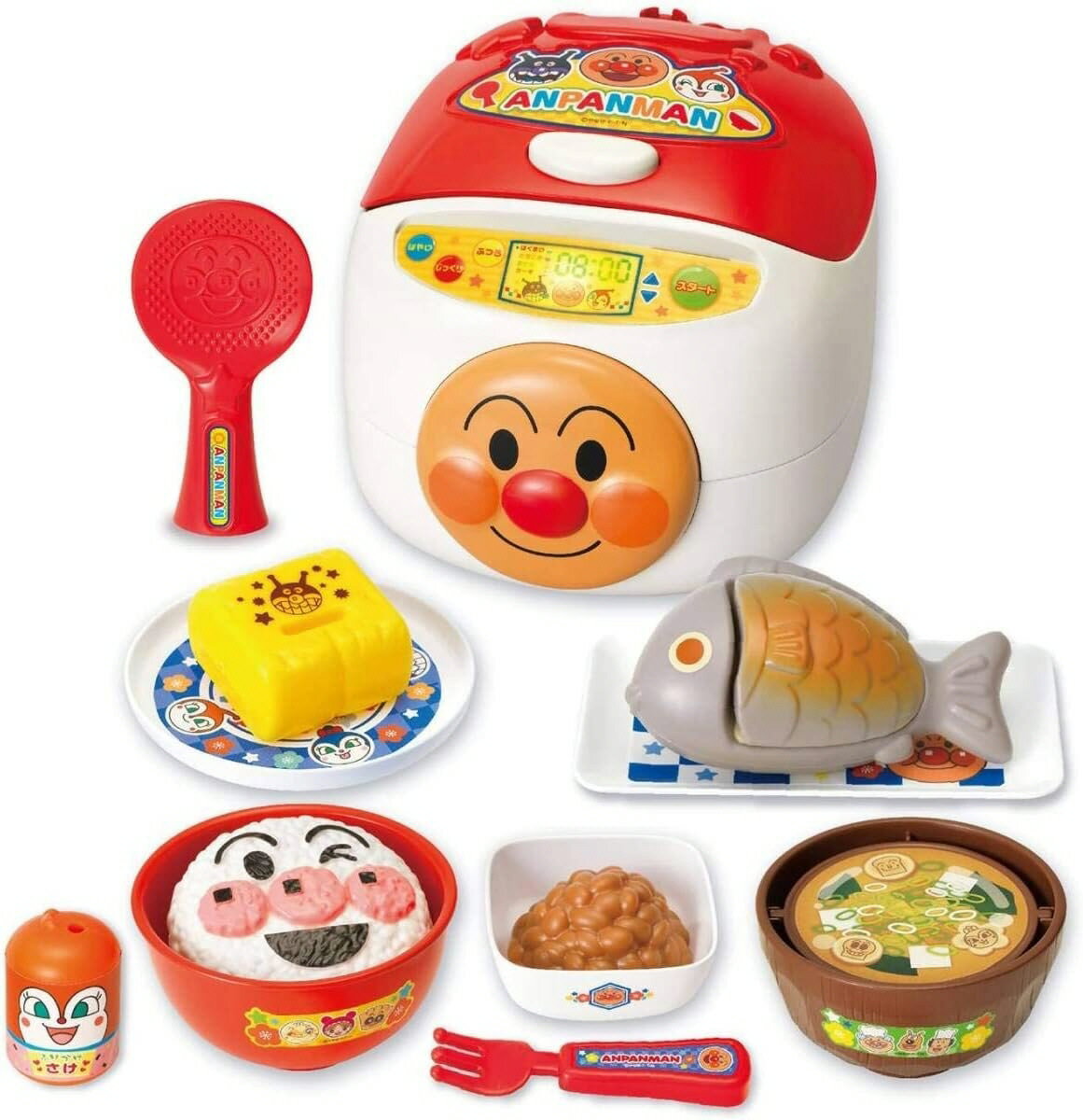 TOY 商品説明 おはしでつかんでいただきます！ 水蒸気がシューッ！本物みたいな すいはんきと和食のおままごとセット！ ごはんをセットして炊き方3モードから選んで ボタンをピッ！LEDがピカピカ光り、ご飯を炊く音 と「アンパンマンのマーチ」...