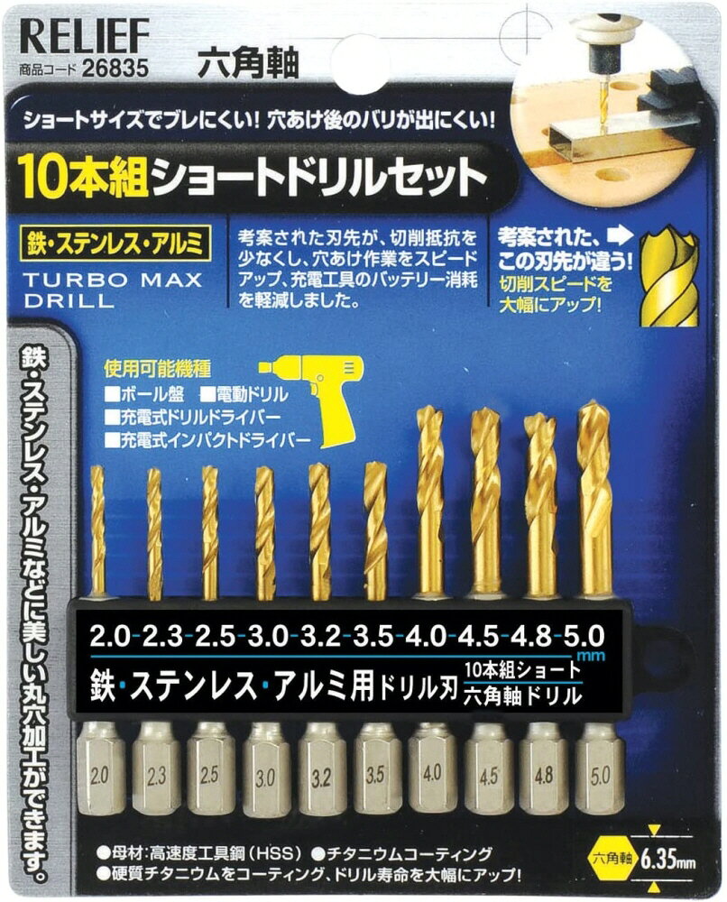 RELIEF 作業道具 商品説明 ショートサイズでブレにくい 新考案された刃先と、全長をショート サイズにしてドリルのブレを少なくし、 素材に正確な丸穴加工ができるように 考案された優秀なドリルセットです 穴あけ後のバリが出にくい ※掲載商...