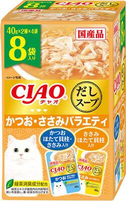 【商品説明】 2種類の味が楽しめるバラエティパック。かつおとささみの細かめフレークに風味豊かな素材を加え、おいしいだしで仕上げました。多頭飼いの家庭でも安心のファミリーパック。とろりとしたスープが、細かめの具材に程よく絡まり、おいしくいただ...