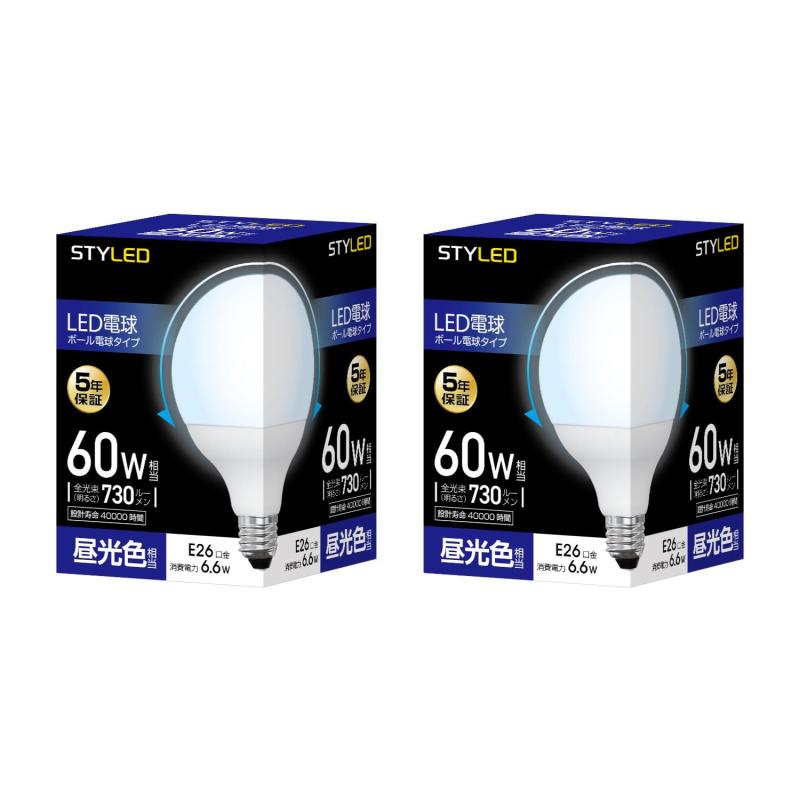 スタイルド LED電球 2個セット E26 昼光色 60W形相当 ボール形 広配光タイプ 5年 HDG60D2全光束:730lm(ボール電球60W相当)/消費電力:6.6W/消費効率110.6lm/W光色:昼光色(6500K)・密閉器具:非...