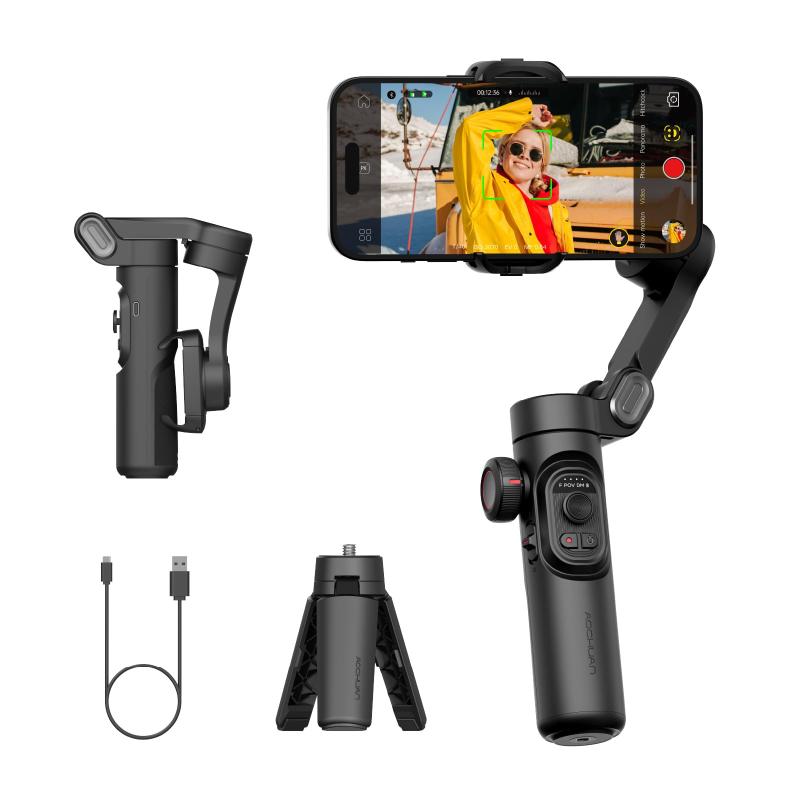 AOCHUANスマートフォン用3軸ジンバルスタビライザー、RGB磁気フィルライト付きジンバルアップグレード顔トラッキングフォーカスホイール折り畳み式iPhoneジンバルiPhone/AndroidスマホジンバルVl