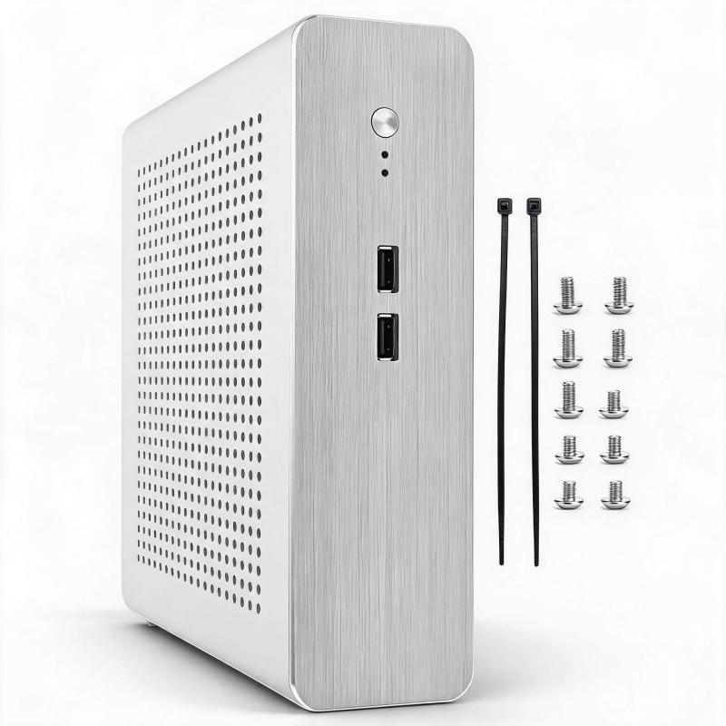 ミニPCコンピュータケース、デスクトップコンピュータ用HTPCシャーシフルアルミニウムDCATX電源MiniITXケース(シルバー+ USB2.0)フルアルミニウムシェル、絞り加工と陽極酸化加工の組み合わせ、軽くて繊細な質感MiniITX ...