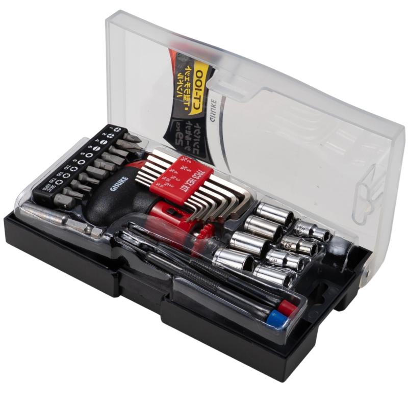 高儀(Takagi) GISUKE コンパクトツールセット 29PCS T型ラチェットハンドルモデル CT-100製造国:台湾セット内容:T型ラチェットハンドル(6.35mm)精密ドライバー:+00/-1.8ソケット(6.35mm角):5/...